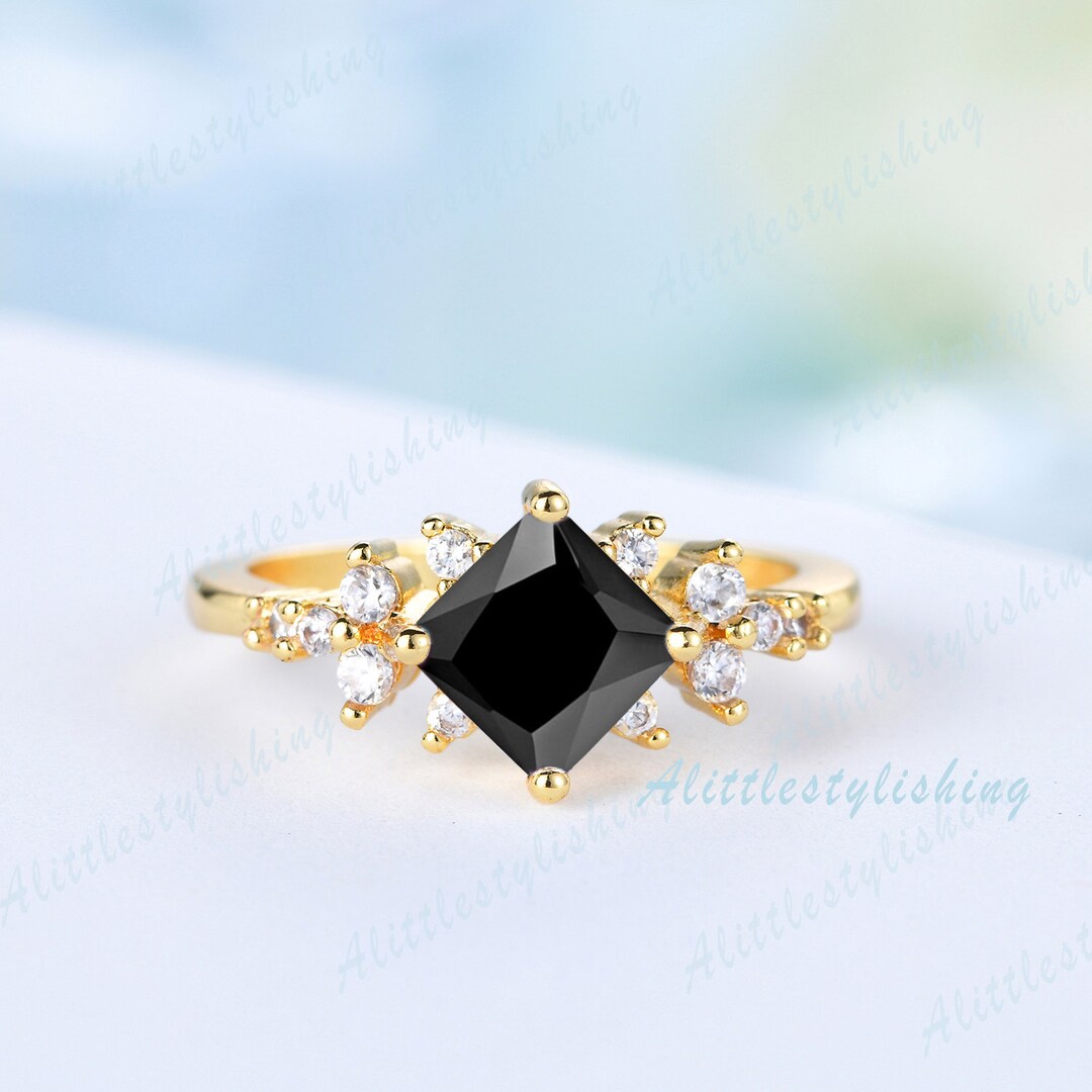 Princess Cut Black Onyx Engagement Ring in 14K Yellow Gold Unique ...