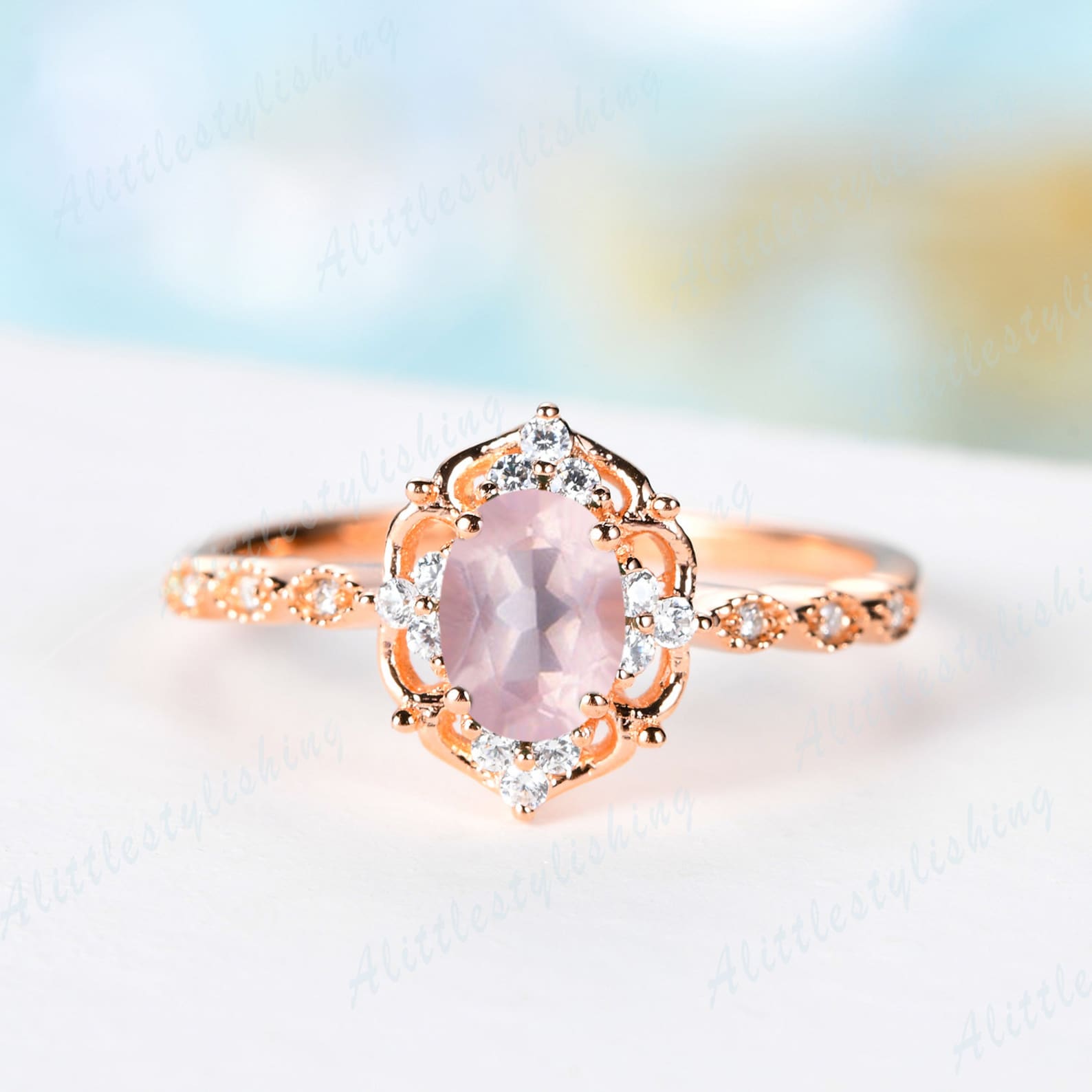 Vintage Rose Quartz Engagement Ring Rose Gold Dainty Rose Quartz Ring ...