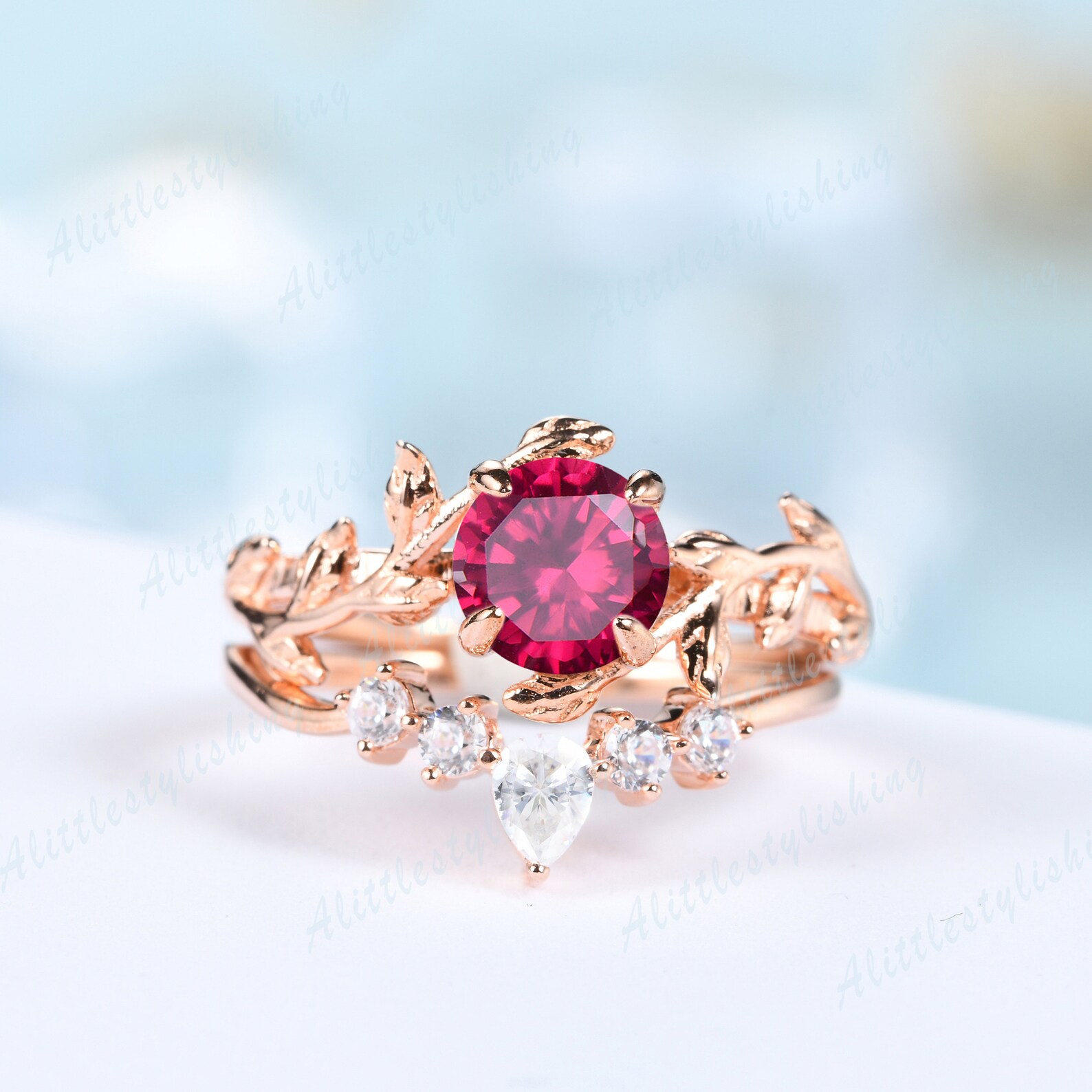 Ruby Anniversary Rings for Women Ruby Engagement Ring Set | Etsy