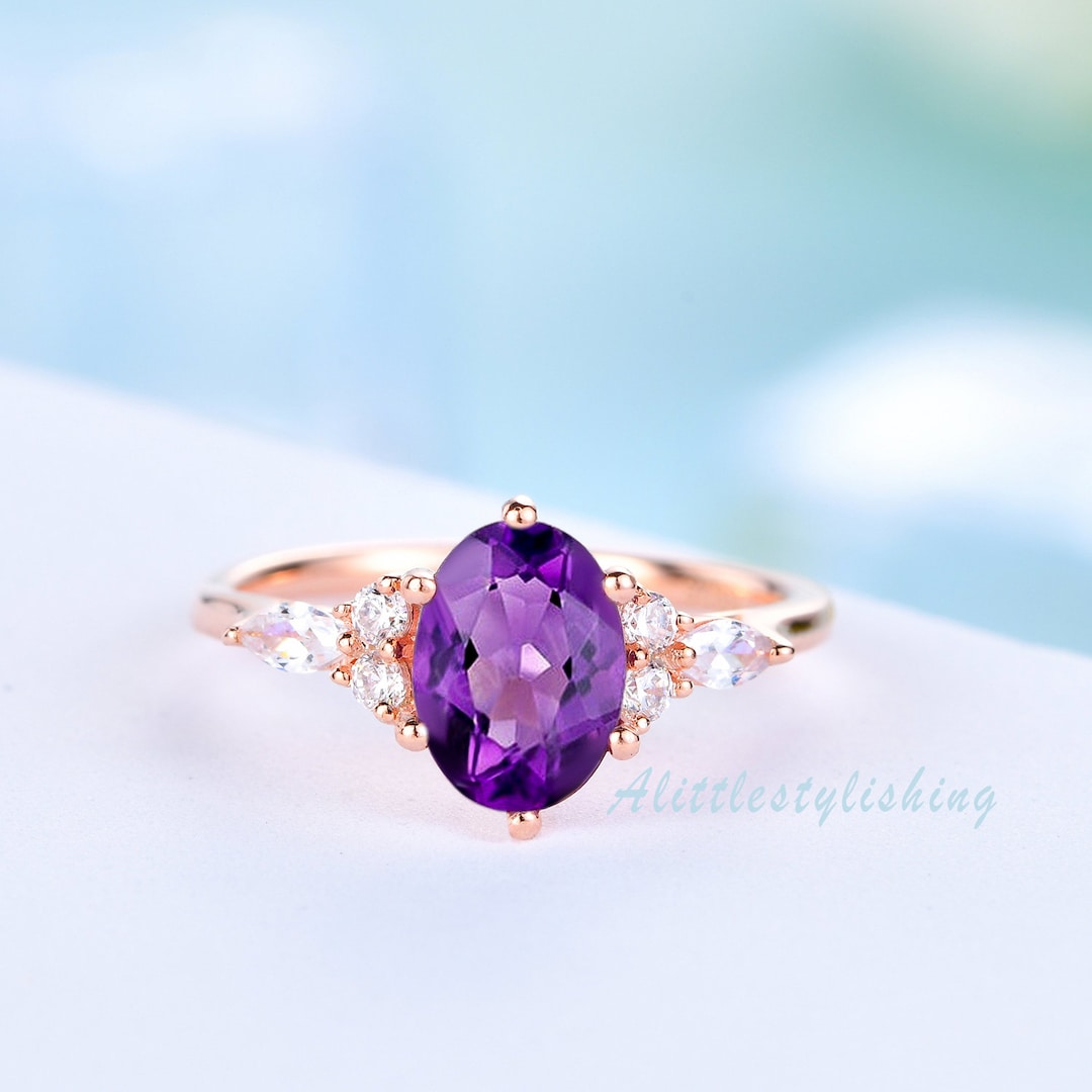 Oval Amethyst Engagement Ring Rose Gold Amethyst Moissanite Engagement ...