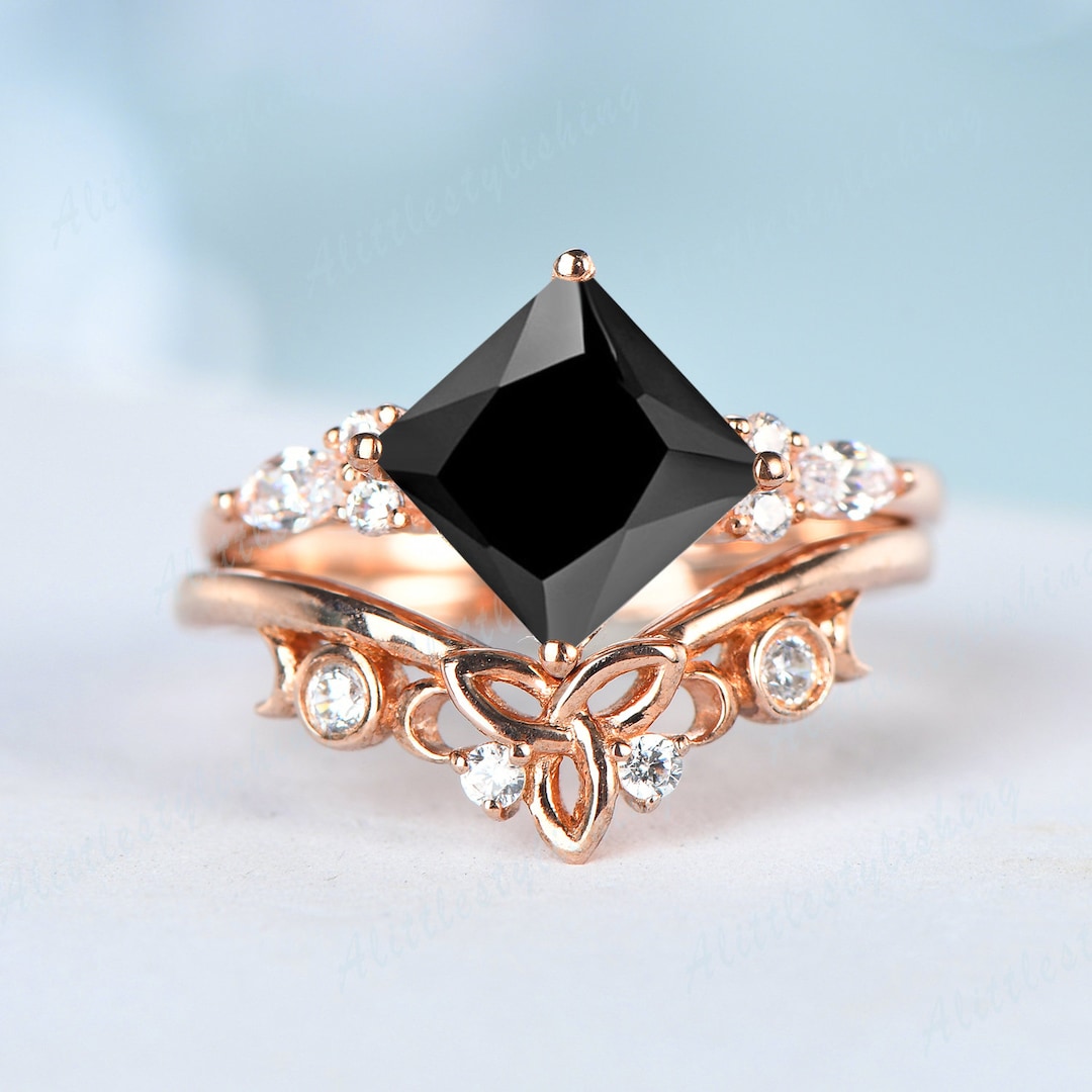 Princess Cut Black Onyx Engagement Ring Solid Gold Wedding Ring Set ...