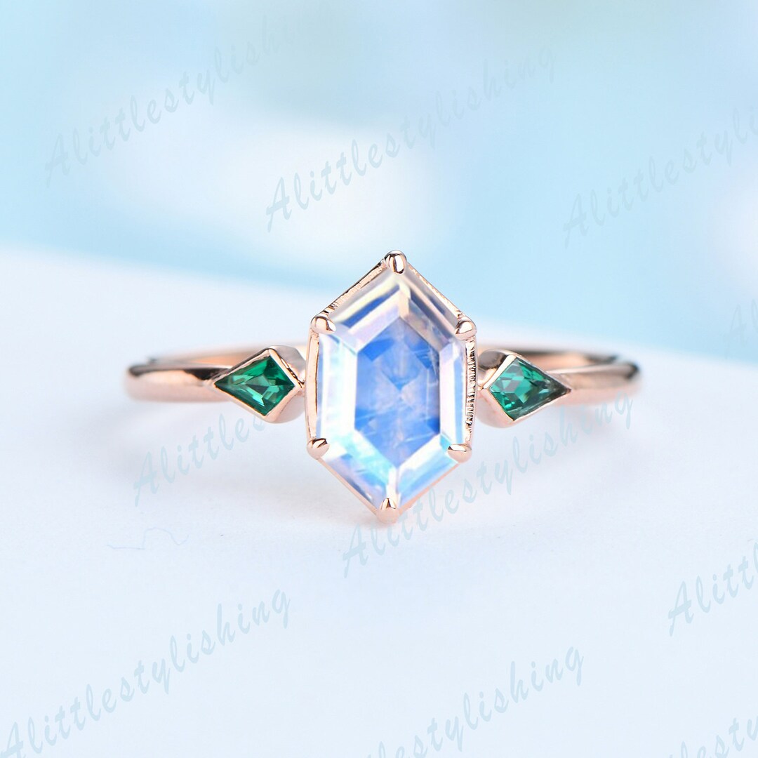Moonstone Engagement Ring Long Hexagon Shaped Ring Lab Created - Etsy