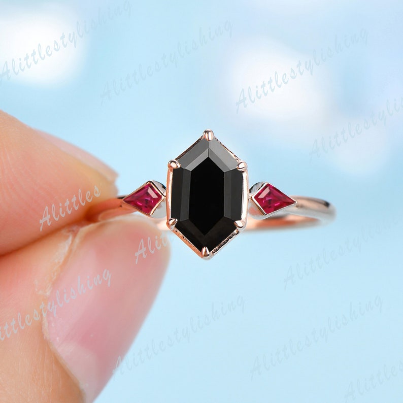 Black Onyx Hexagon Ring Silver Rose Gold Kite Cut Ruby Ring - Etsy