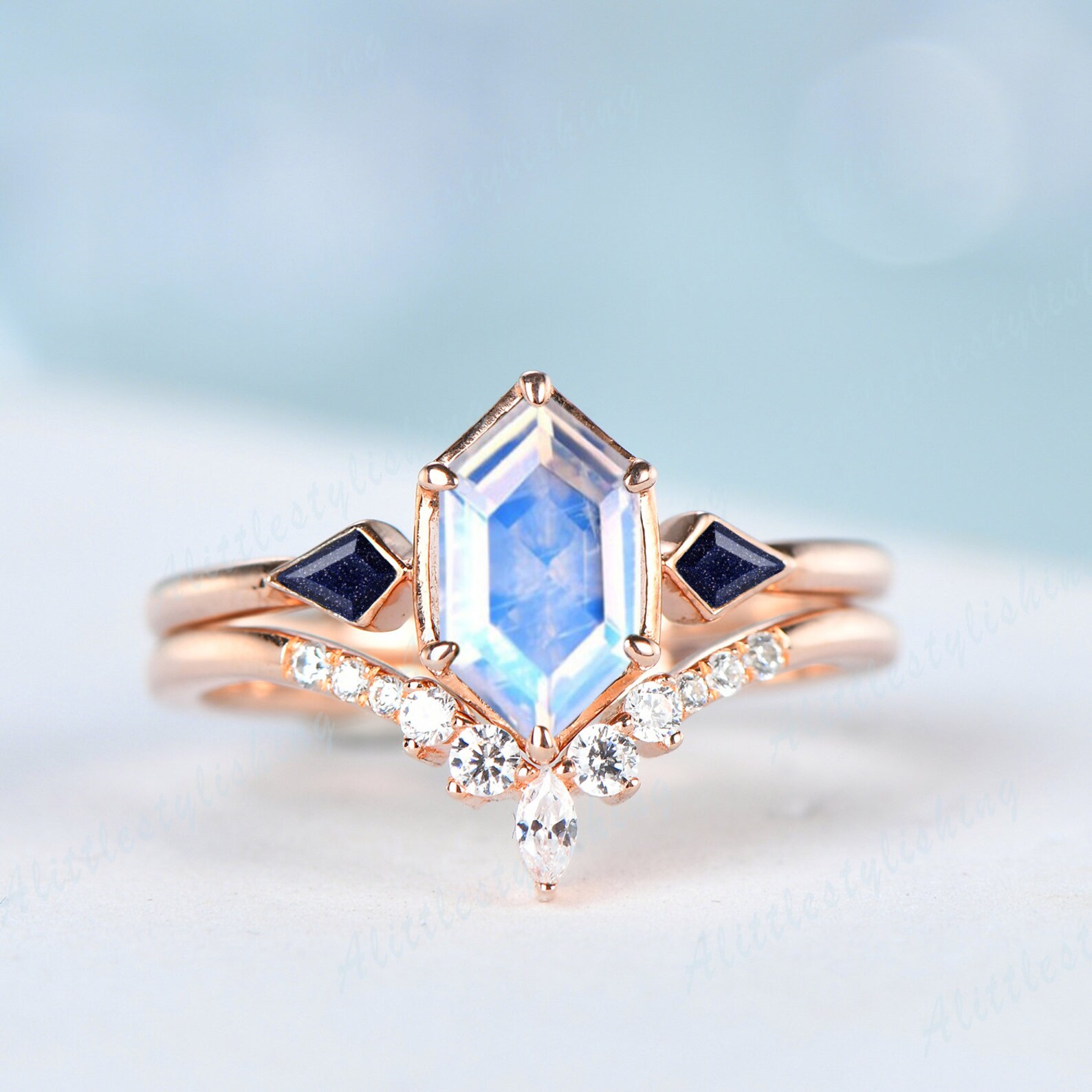 Art Deco Moonstone Engagement Ring Moonstone Wedding Ring Set Blue ...