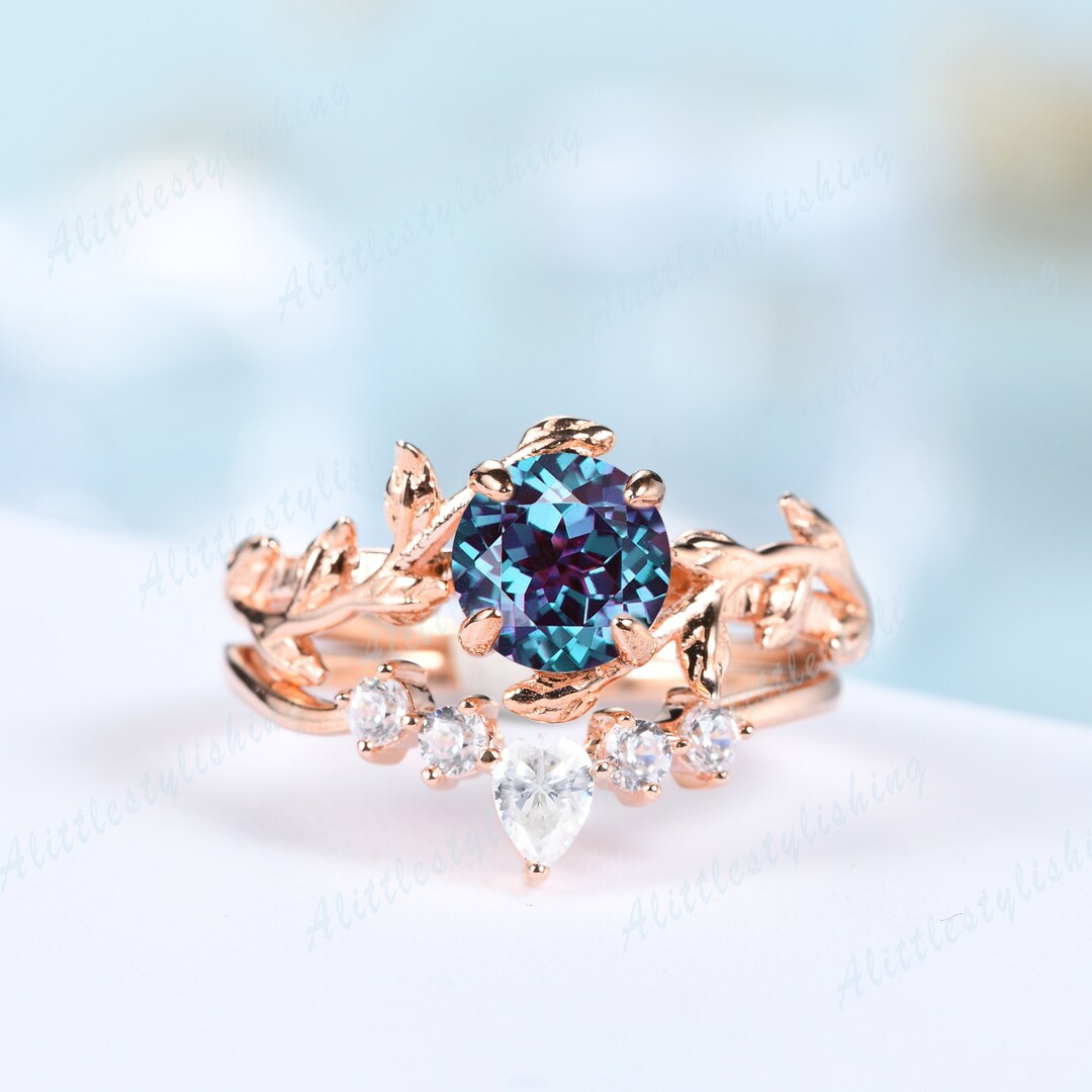 Alexandrite Promise Ring Set, Rose Gold Bridal Set, Vintage Alexandrite ...