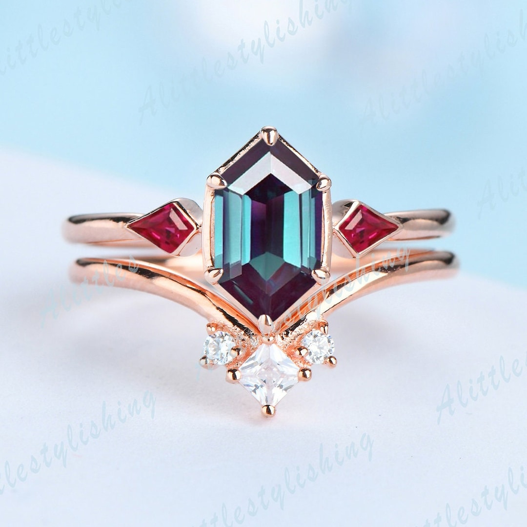Hexagon Alexandrite Ring Rose Gold Wedding Kite Cut Ruby Gemstone ...