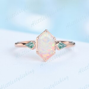 14K 18K Gold Fire Opal Flower Ring Art Deco Moss Agate Emerald Opal Engagement Promise Ring Rose ...