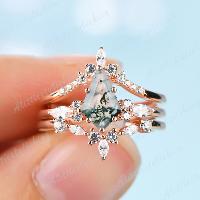 Unique Kite Cut Moss Agate Wedding Ring Set Moss Agate - Etsy
