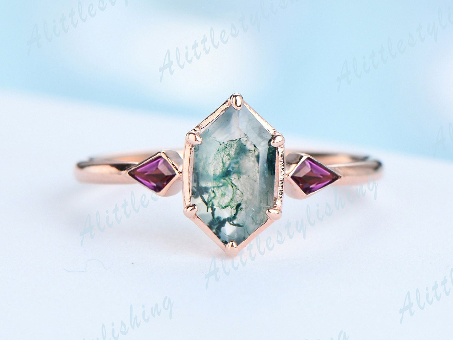 Aquatic Moss Agate Engagement Ring Unique Moss Agate Wedding Ring Kite ...