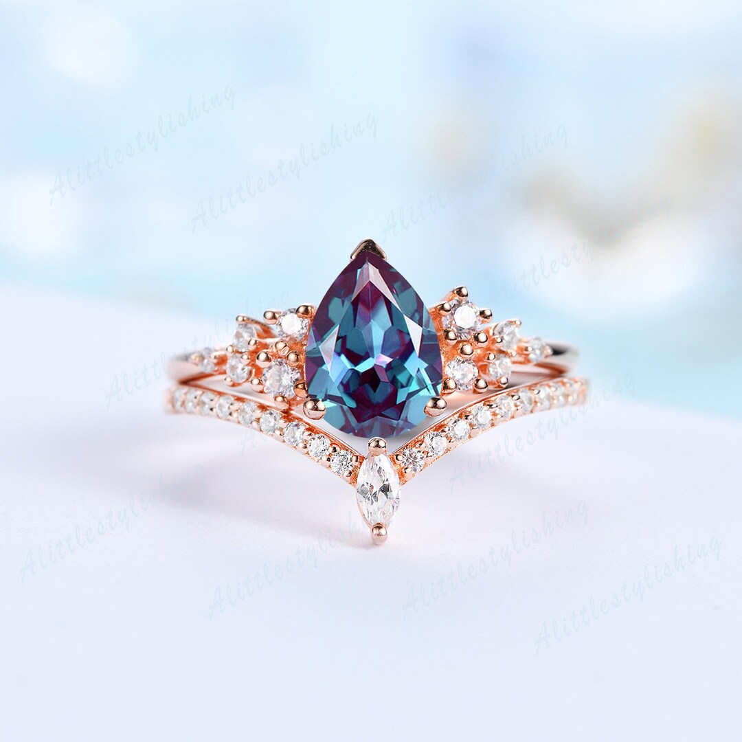 Alexandrite Promise Ring Set Alexandrite Engagement Ring Set Pear Cut ...