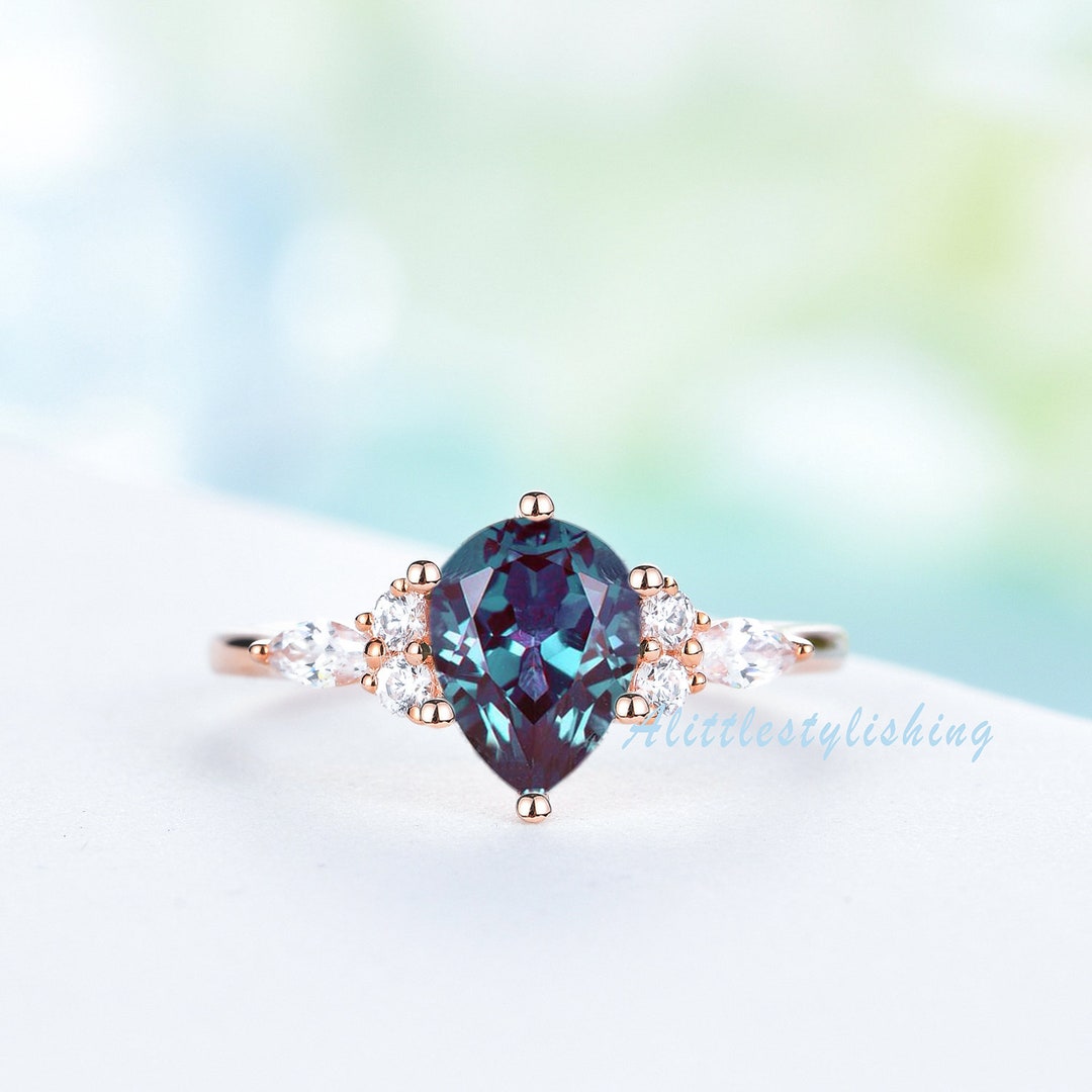 Pear Cut Alexandrite Engagement Ring, Rose Gold Alexandrite Moissanite ...