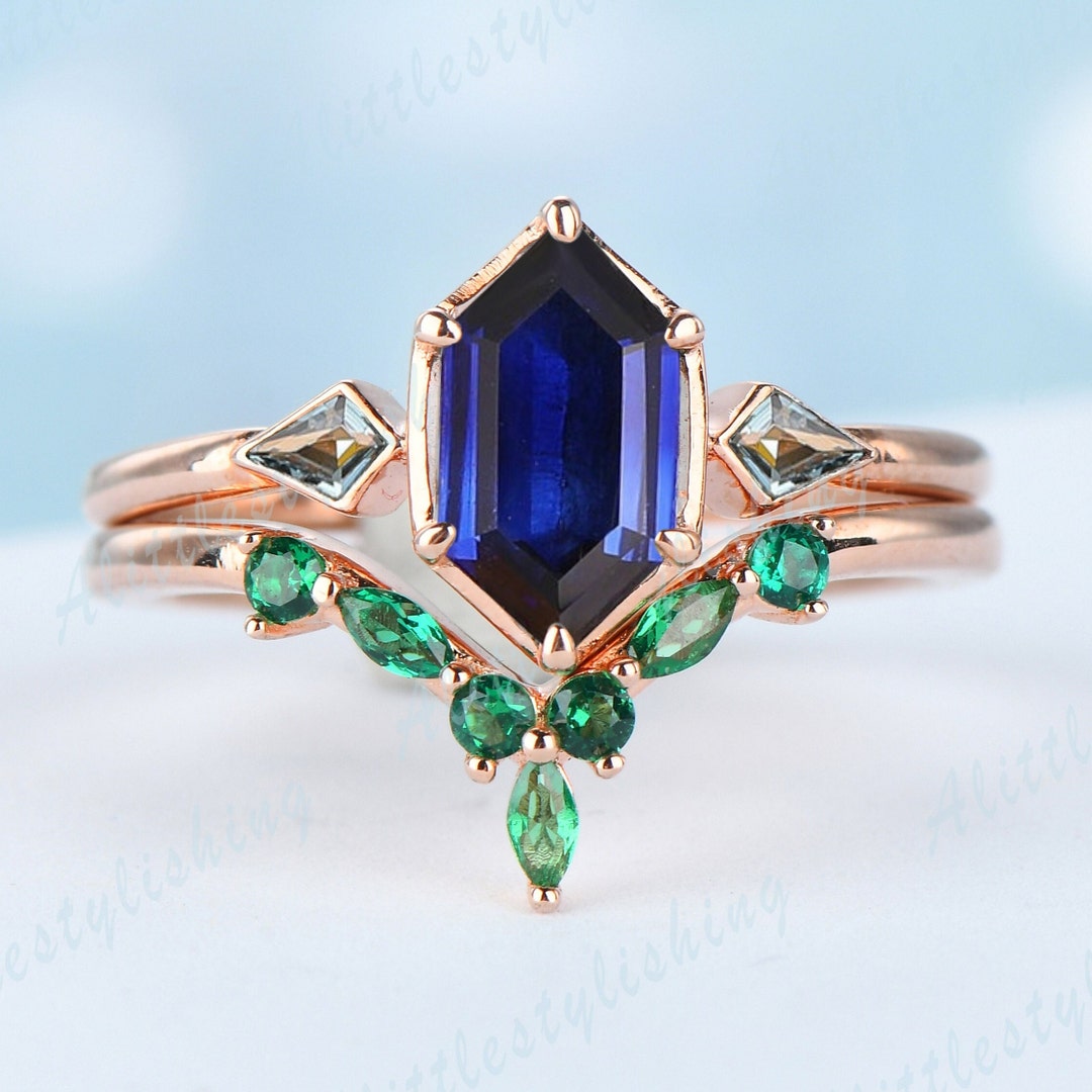 Blue Green Sapphire Engagement Ring Unique Hexagon Cut Engagement Ring ...