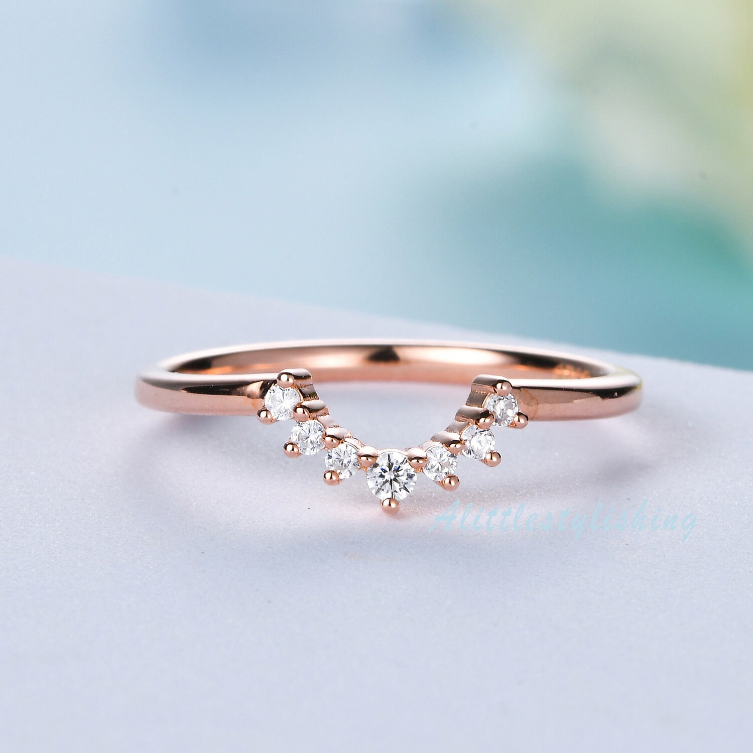 Rose Gold Crown Ring Curved Wedding Band Moissanite | Etsy