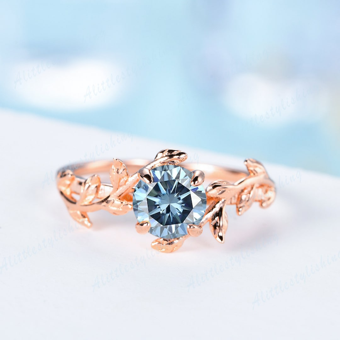 Blue Gray Moissanite Ring, Vintage Antique Engagement Ring, Solid Rose ...