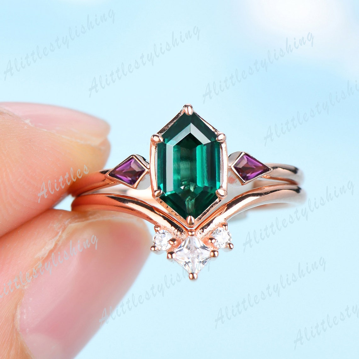 14K Gold Emerald Wedding Set Unique Hexagon Cut Emerald - Etsy