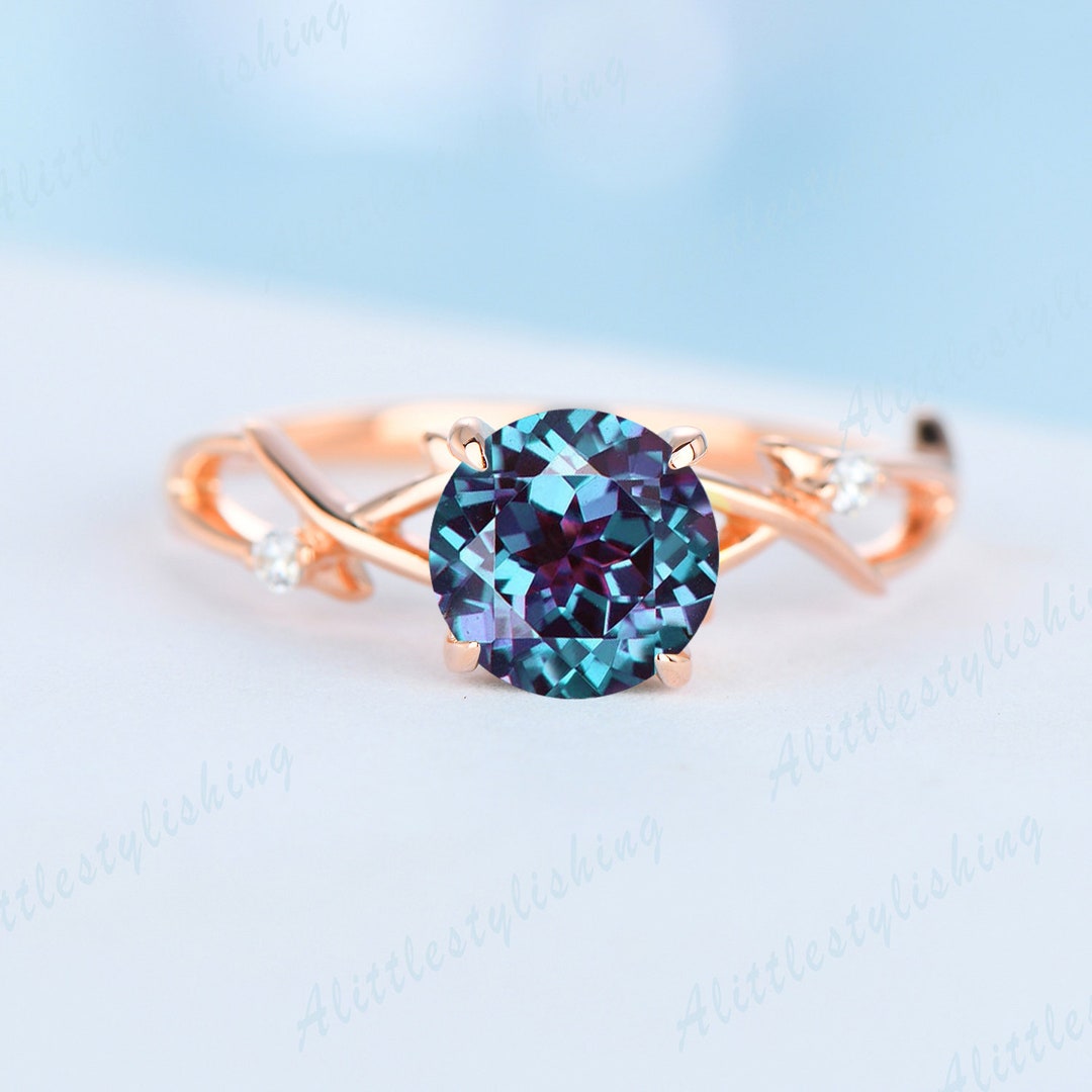 Unique Round Blue Alexandrite Engagement Ring Blue Alexandrite Cluster ...