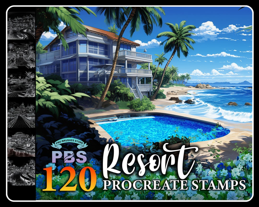 120 Procreate Resort Stamps: Building & Landscape Brush Set (digital ...