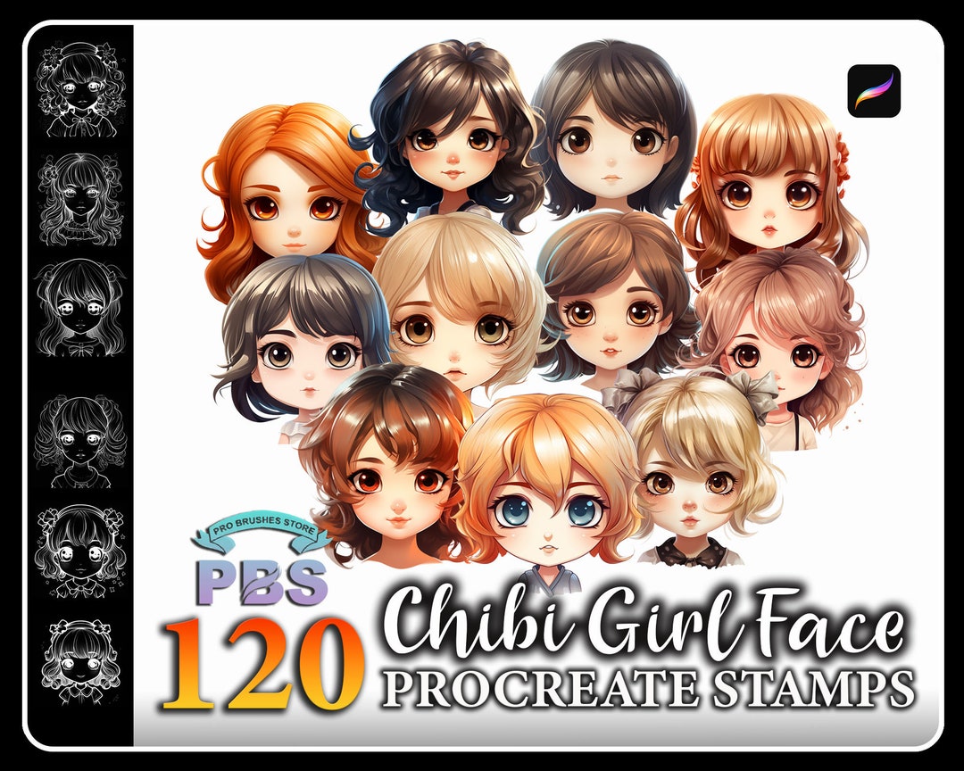 120 Procreate Chibi Girl Face Stamps: Brush Set (digital Download) - Etsy