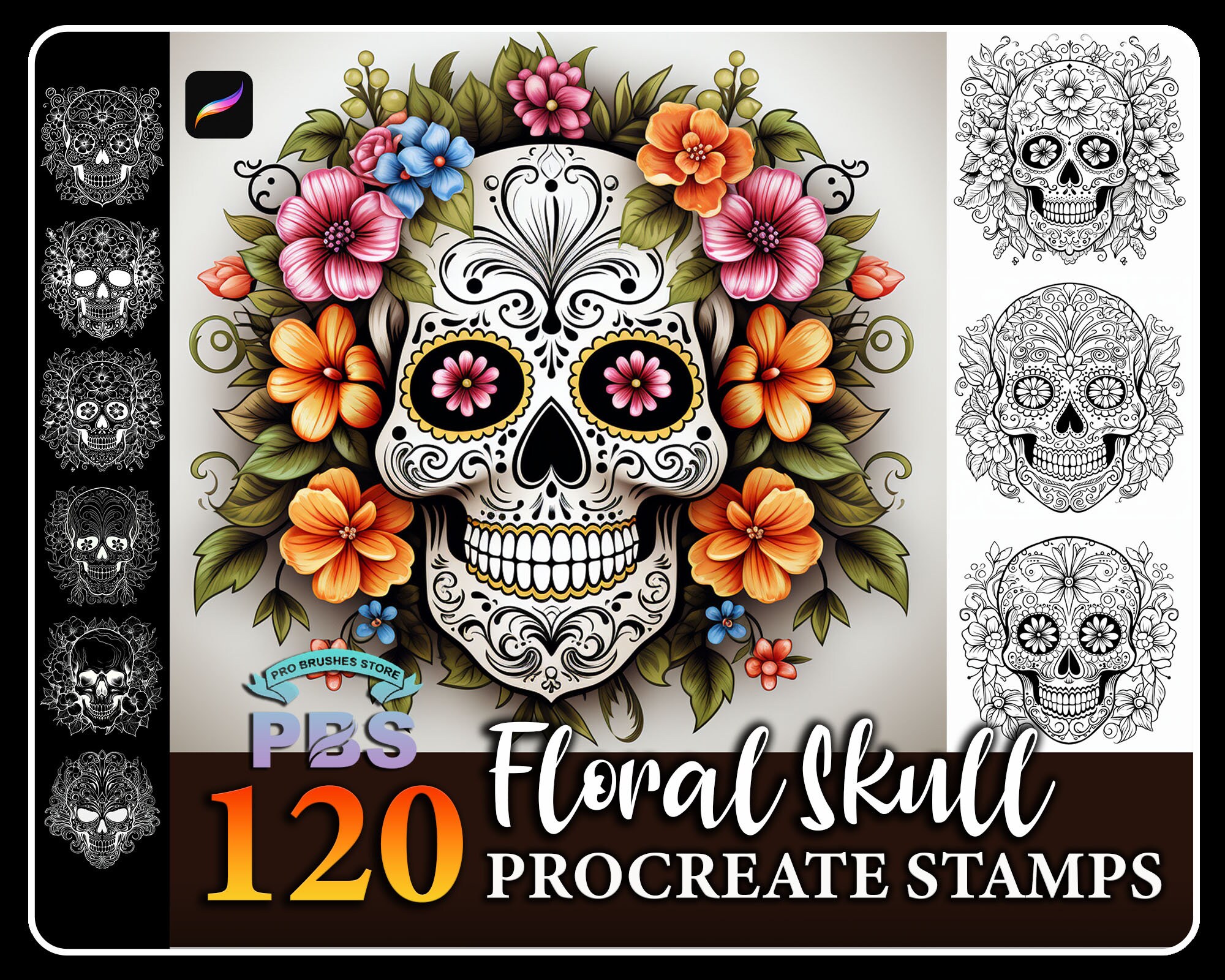120 Procreate Floral Skull Stamps Sugar Skulls Brush for - Etsy