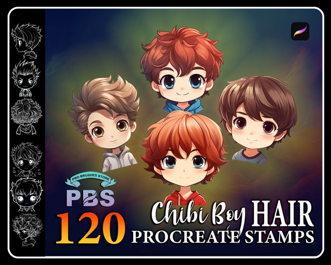120 Procreate Chibi Boy Hair Stamps, Chibi Boy Hair Stamps for Procreate, Chibi Character Stamp ...