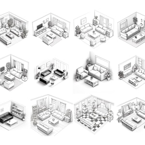 120 Procreate Isometric Sitting Room Stamps, Isometric Guest Room ...