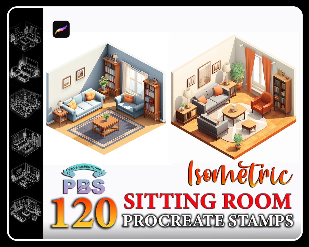 120 Procreate Isometric Sitting Room Stamps, Isometric Guest Room ...