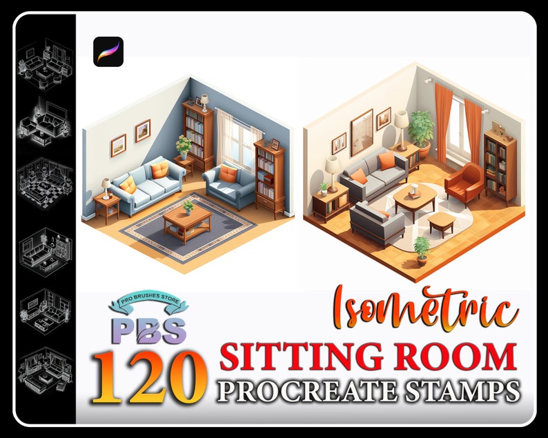 120 Isometric Room Procreate Stamps: Interior Design Brush (digital ...