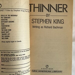 Thinner - Richard Bachman/stephen King - Etsy