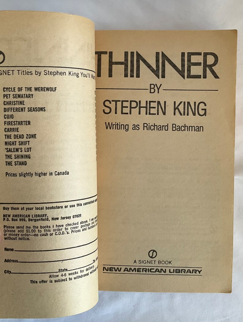 Thinner - Richard Bachman/stephen King - Etsy