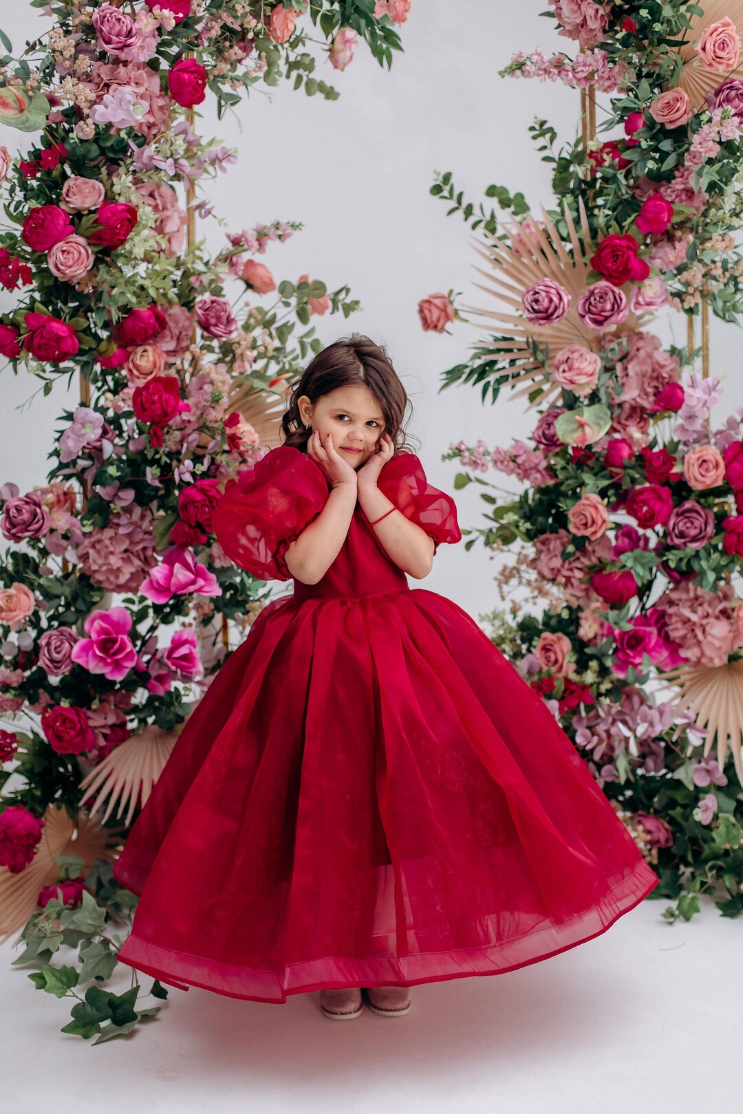 Red Girls Fluffy Flower Girl Dress With Puffy Sleeves - Etsy