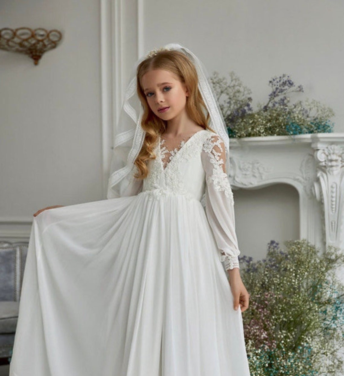 Unique Communion Dress for Girl With a Veil | Etsy