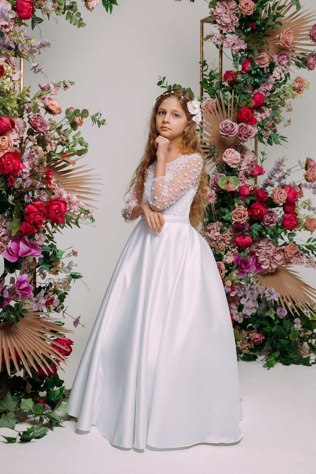 White Satin First Communion Dress With Pearls First Holy Communion ...