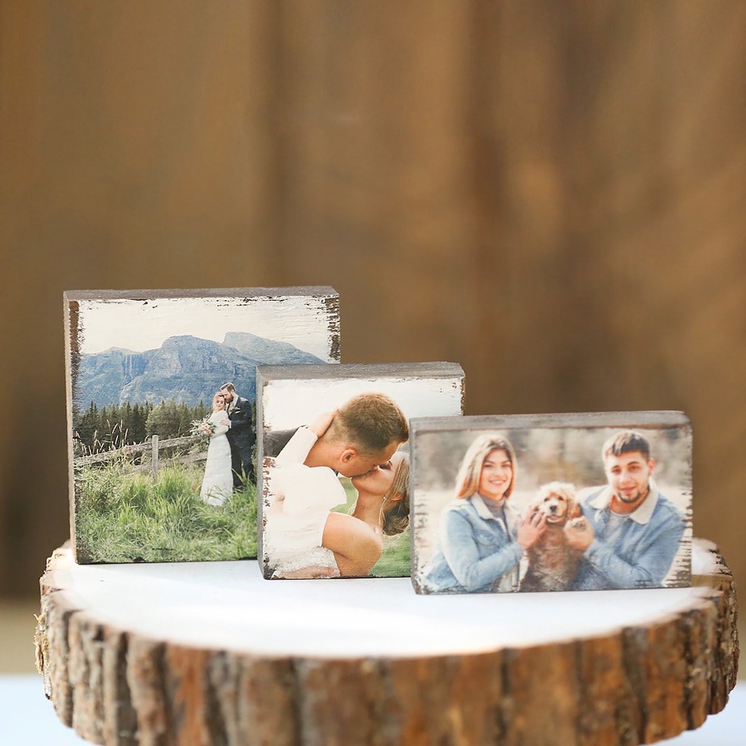 Personalized Barn Wood Photo Blocks: Set of 3, Rustic Decor - Etsy