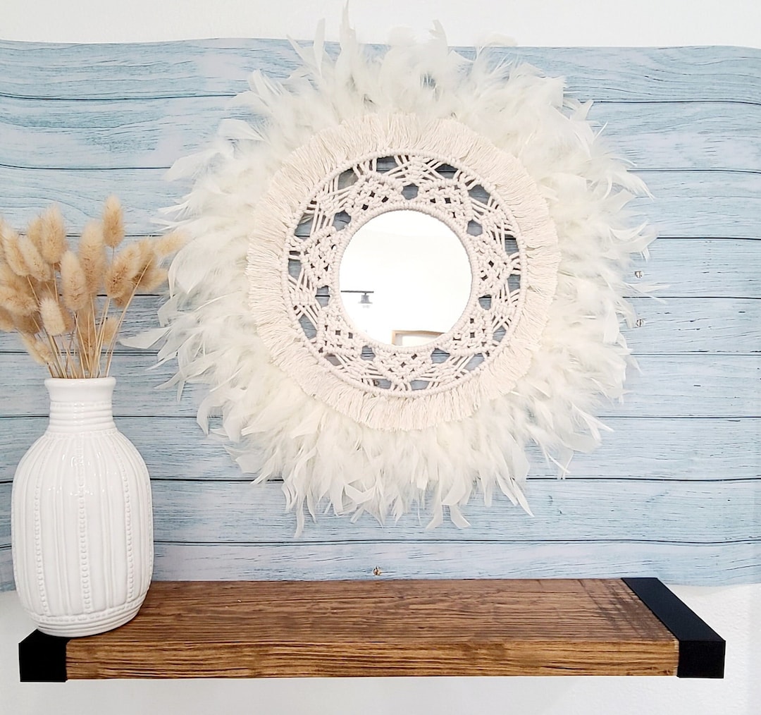White Turkey Feather Macrame Mirror | Boho Juju Hat Wall Decor (20 Inch ...
