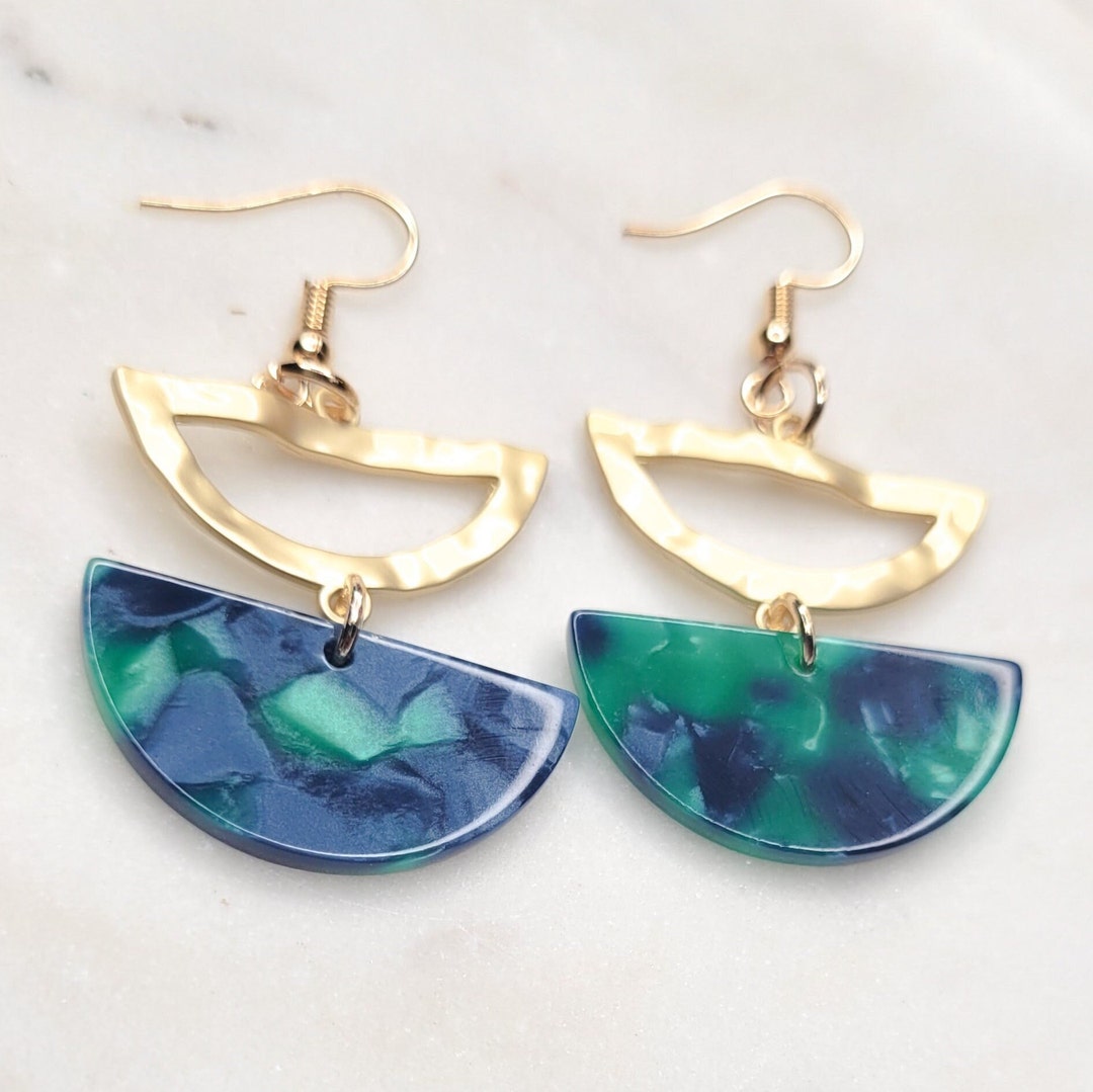 Geometric Jade Green Half Circle Tiered Dangle Resin Acetate Earrings ...