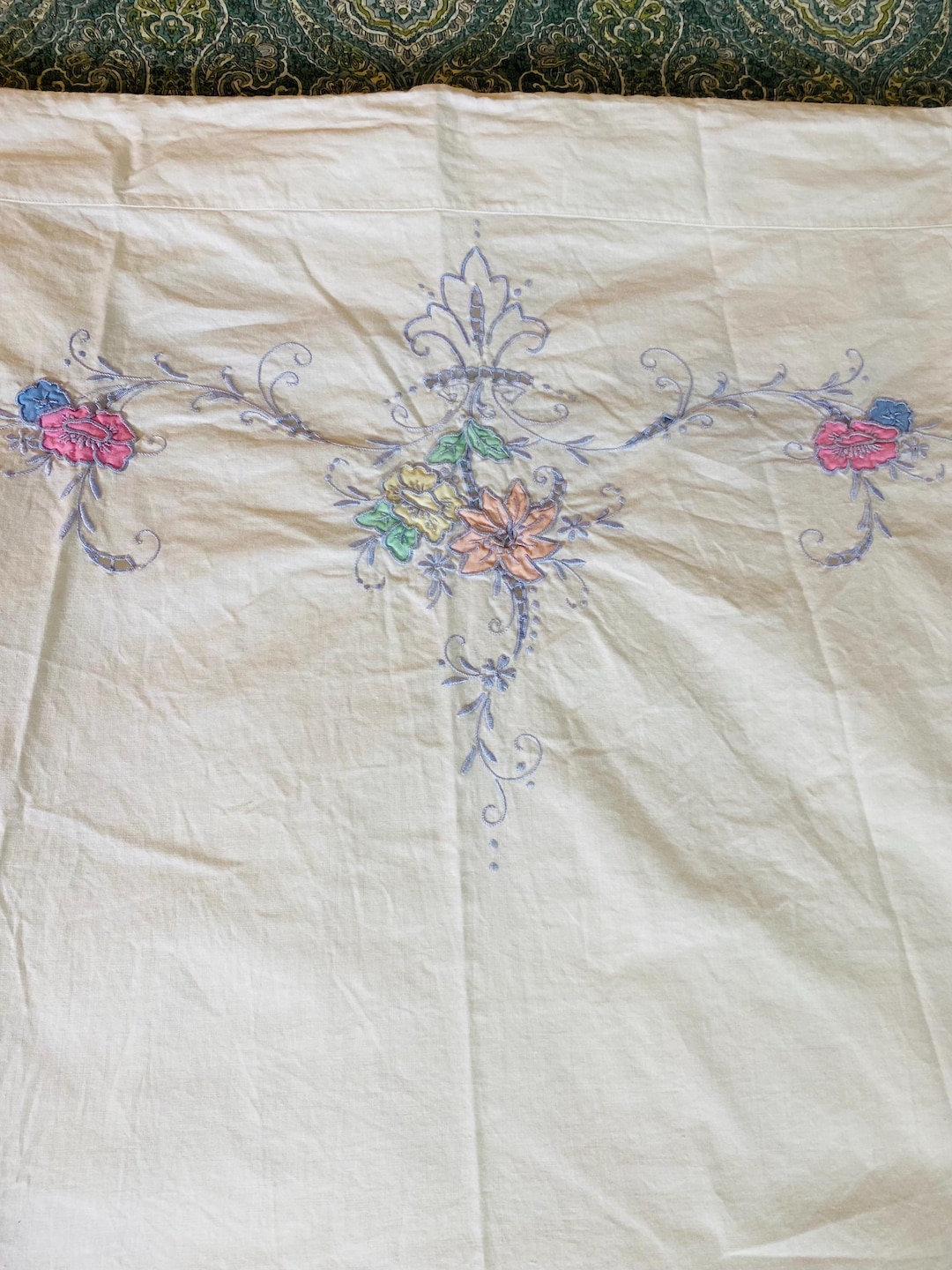 Vintage Queen Bed Coverlet Hand Embroidered and Appliqué White With ...