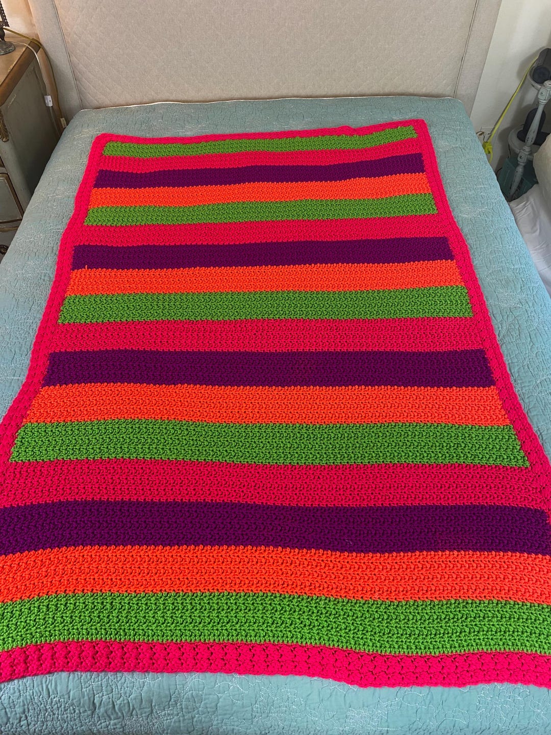 Vintage 70s Vibrant Neon Afghan Retro Pink , Purple, Green, Orange ...