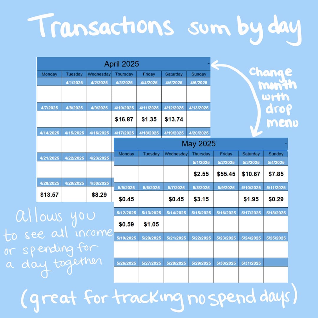 Simple Dynamic Calendar Money Tracker Spreadsheet | Auto-sum Daily ...