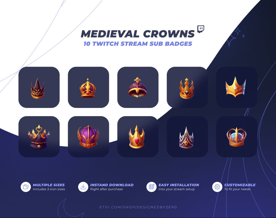 10 Twitch Sub Badges / Cheer Bit Badges Medieval Crowns 18x18 / 36x36 ...