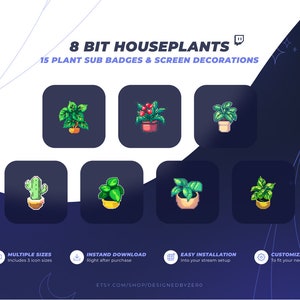 15 Twitch Sub Badges / Cheer Bit Badges Cozy Potted Houseplants 8 Bit ...