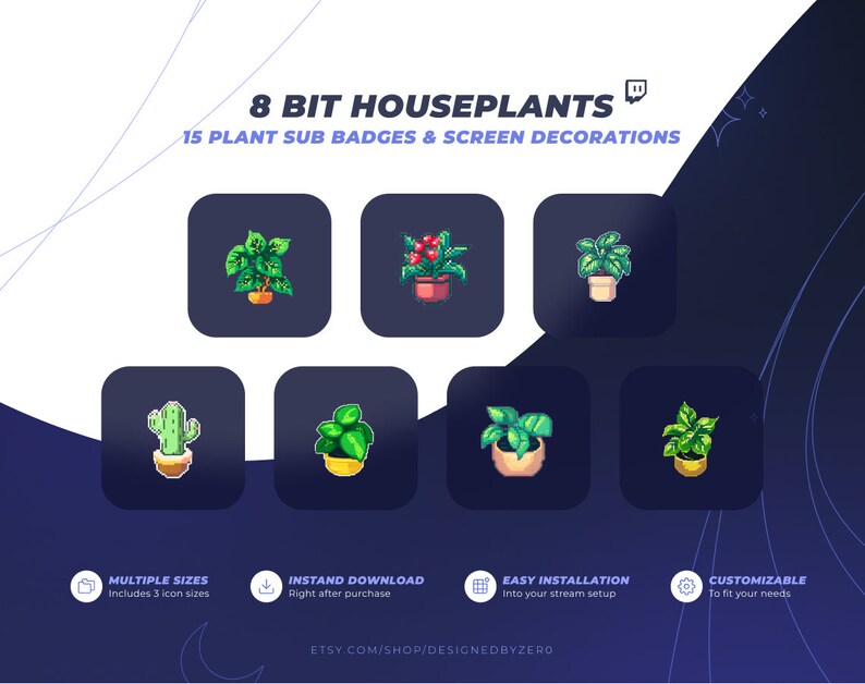 15 Twitch Sub Badges / Cheer Bit Badges Cozy Potted Houseplants 8 Bit ...