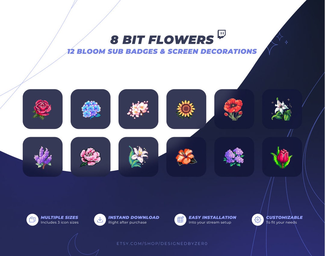 12 Twitch Sub Badges / Cheer Bit Badges Flower Blooms 8 Bit Pixel Style ...