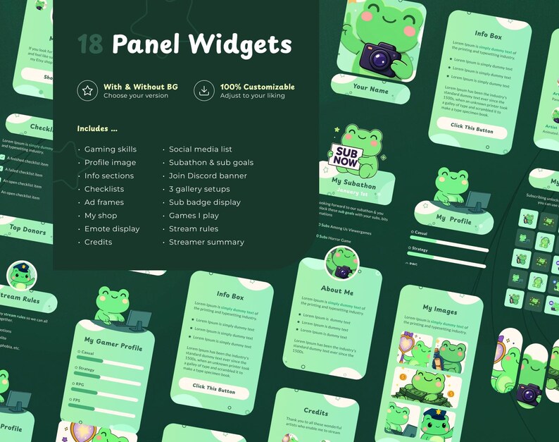 55+ Green Frog Twitch Stream Panels | Customizable Figma Panels | Cute ...