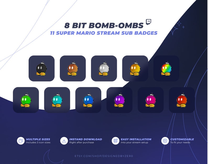 12 Twitch Sub Badges / Cheer Bit Badges Mario Bomb-omb 8 Bit Pixel ...