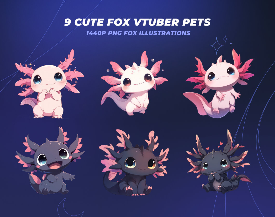 6 Cute Anime Axolotl - Best Friends and Vtuber Pets - Pink and Black ...