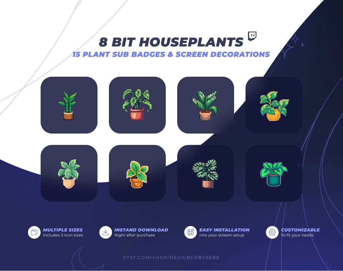 15 Twitch Sub Badges Cheer Bit Badges Cozy Potted Houseplants 8 Bit Pixel Style 18x18 36x36