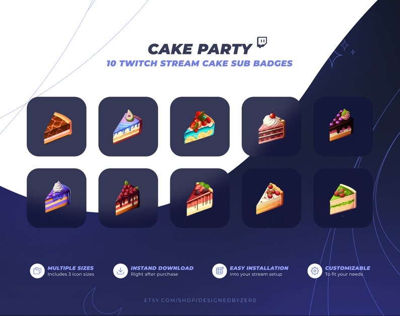 10 Twitch Sub Badges / Cheer Bit Badges Cake & Pastries 18x18 / 36x36 ...