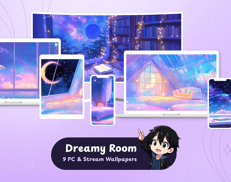 9 Cozy Moon Streamer Room Backgrounds | Desktop Wallpapers | Anime ...