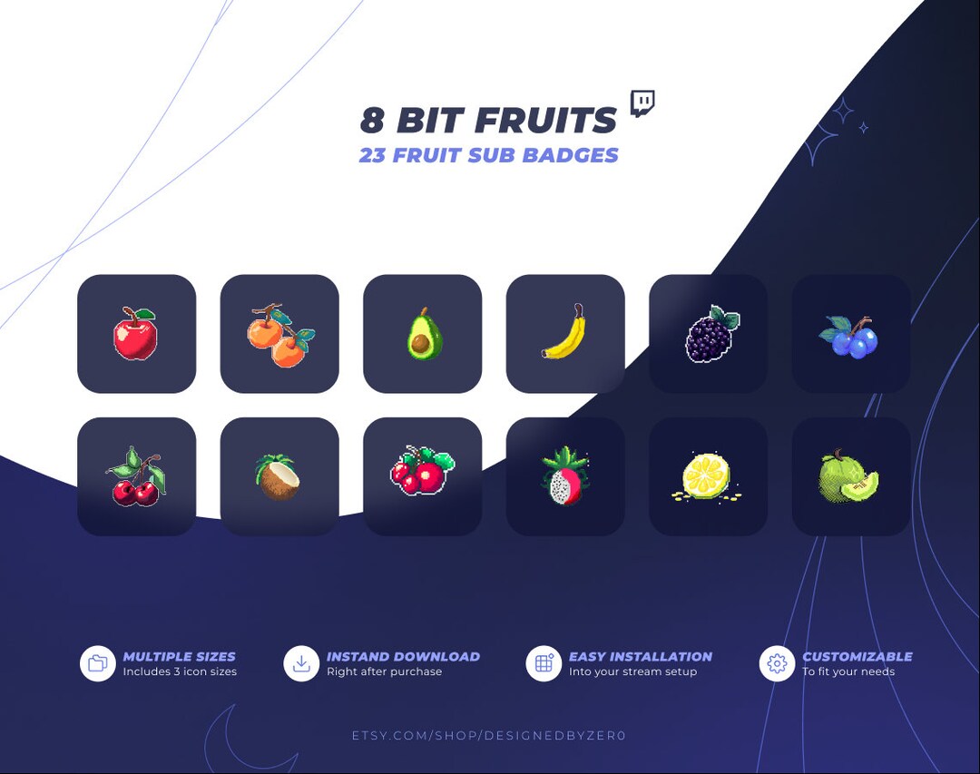 23 Twitch Sub Badges / Cheer Bit Badges Fruits 8 Bit Pixel Style 18x18 ...