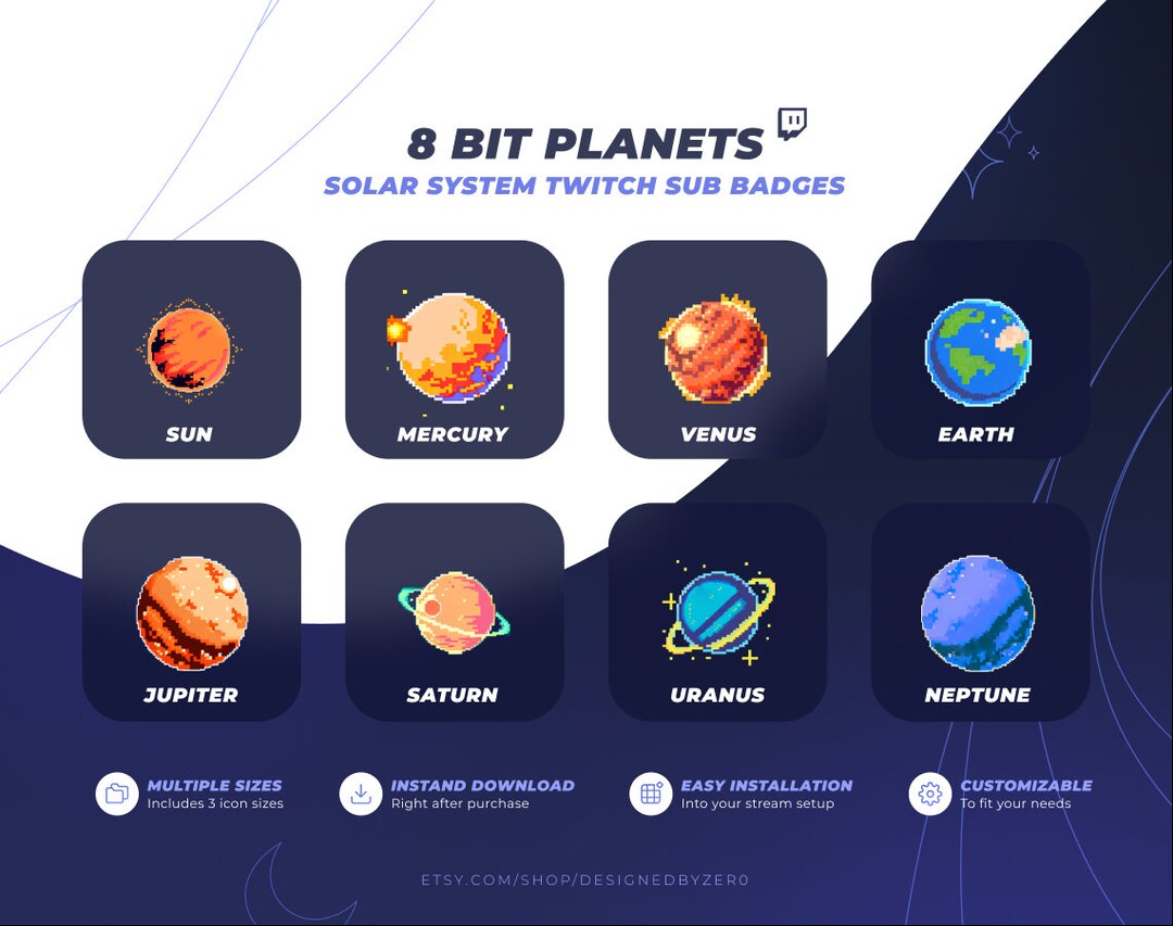 8 Twitch Sub Badges / Cheer Bit Badges - Planets & Solar System - 8 Bit Pixel Style (18x18 ...